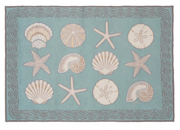 Cape Contemp Shells w/Waves 3x5 Aqua - Claire Murray Design